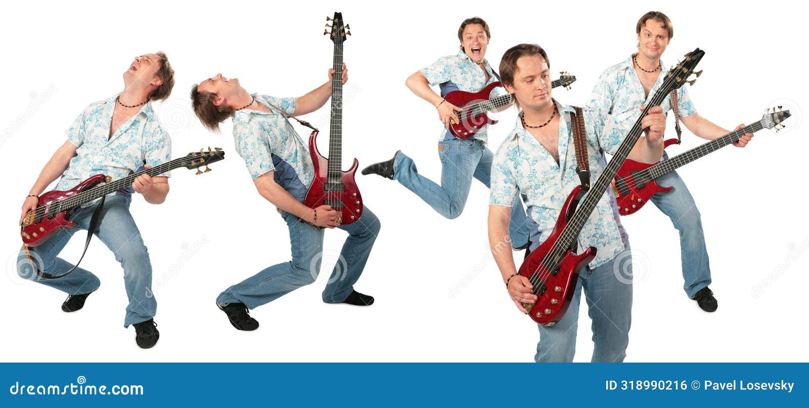 Five Poses of Young Man with Guitar Dancing and Stock Photo - Image of ...