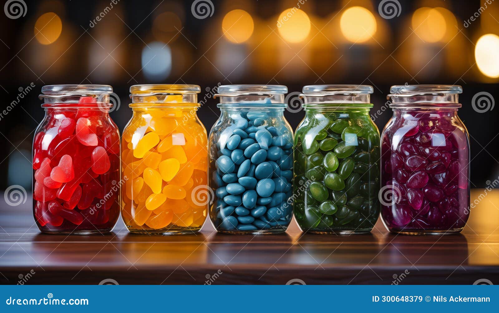 Five Preserving Jars on Kitchen Cupboard with Assortment of Colorful ...
