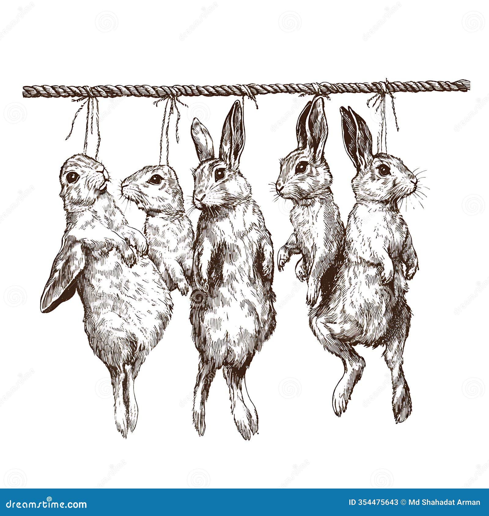 Five Rabbits Hanging from Rope Stock Illustration - Illustration of ...