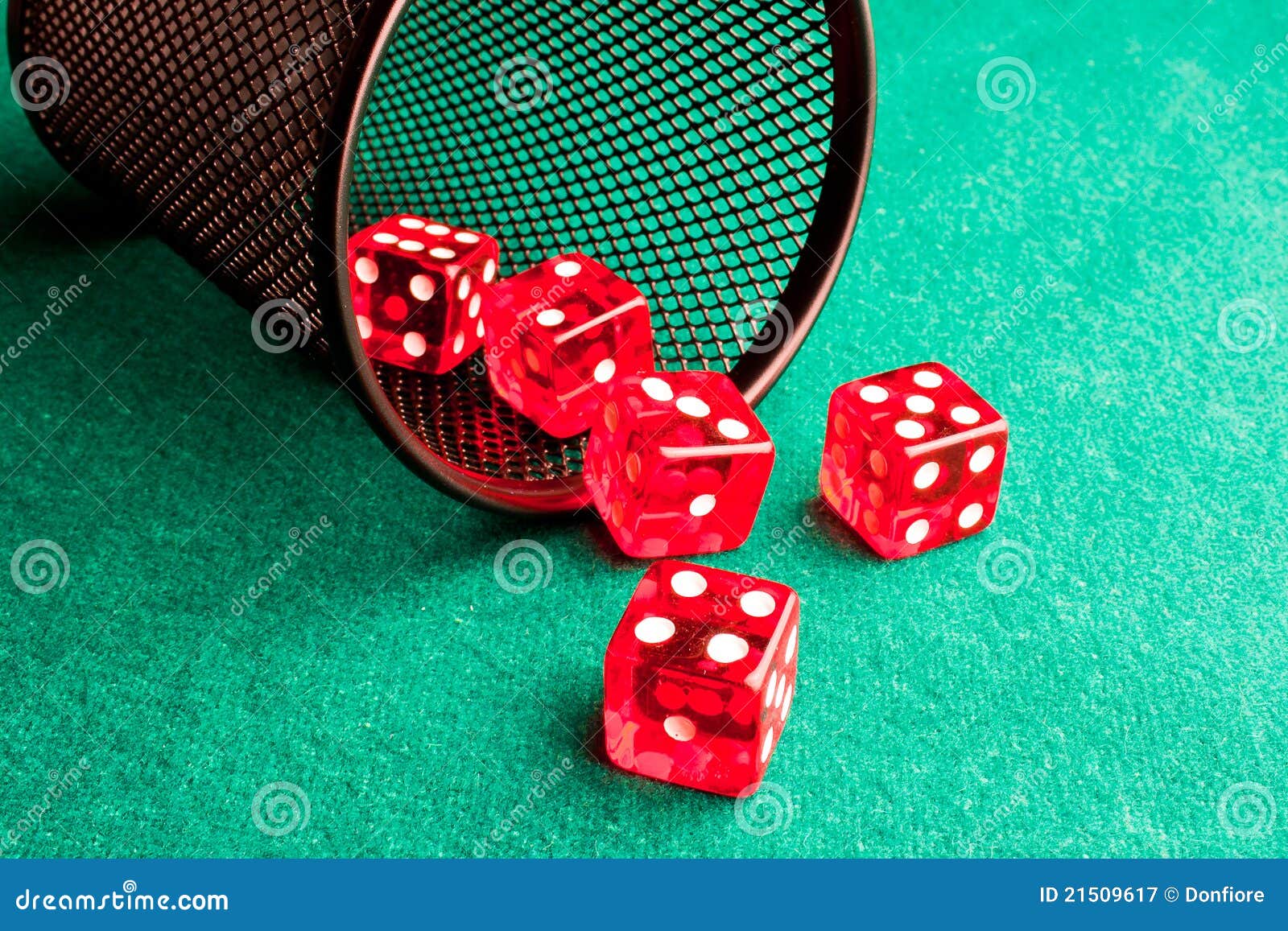 Five Red Dice Near a Container Stock Image - Image of play, cube: 21509617