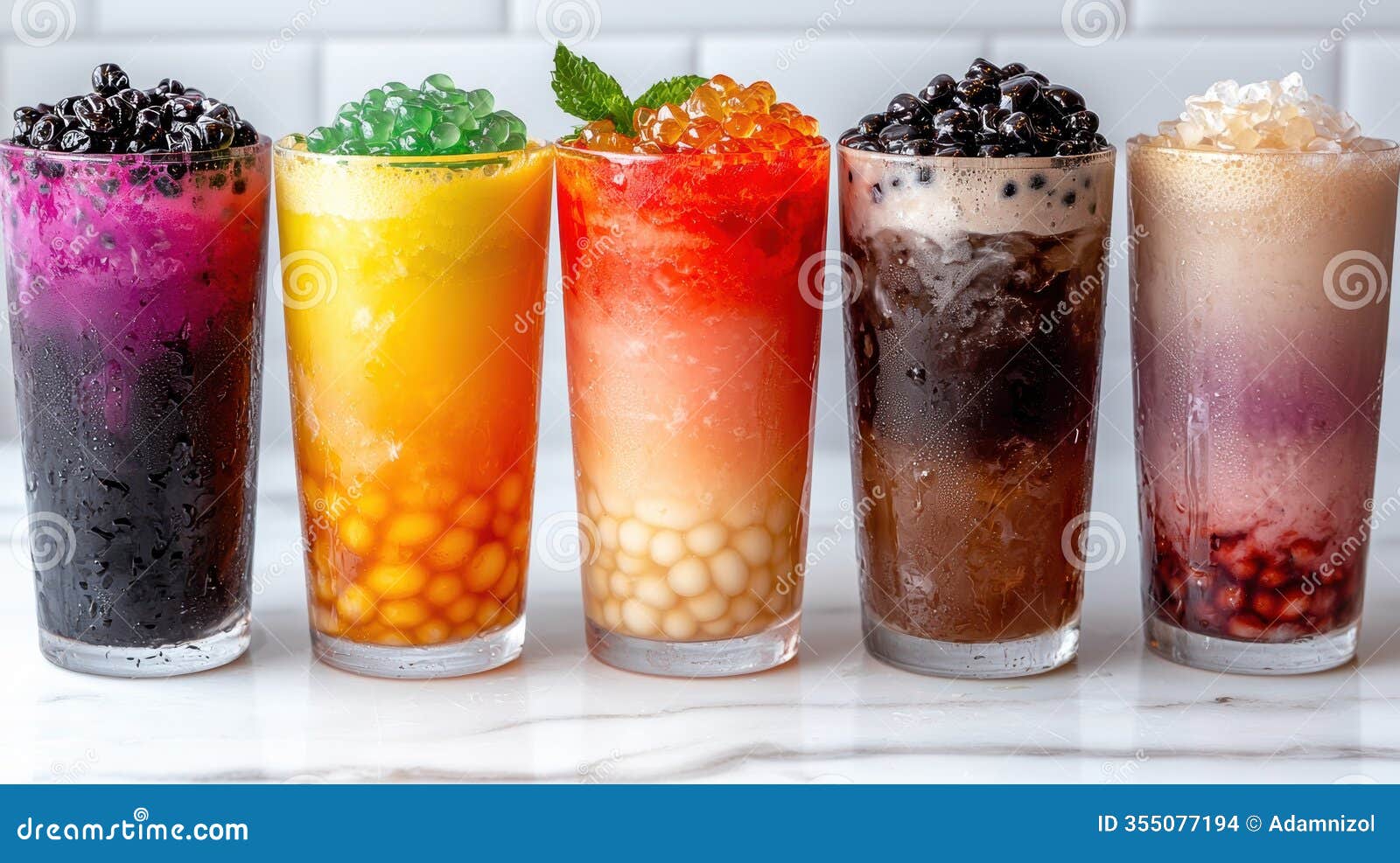 Five Refreshing Bubble Tea Drinks with Various Toppings Stock ...