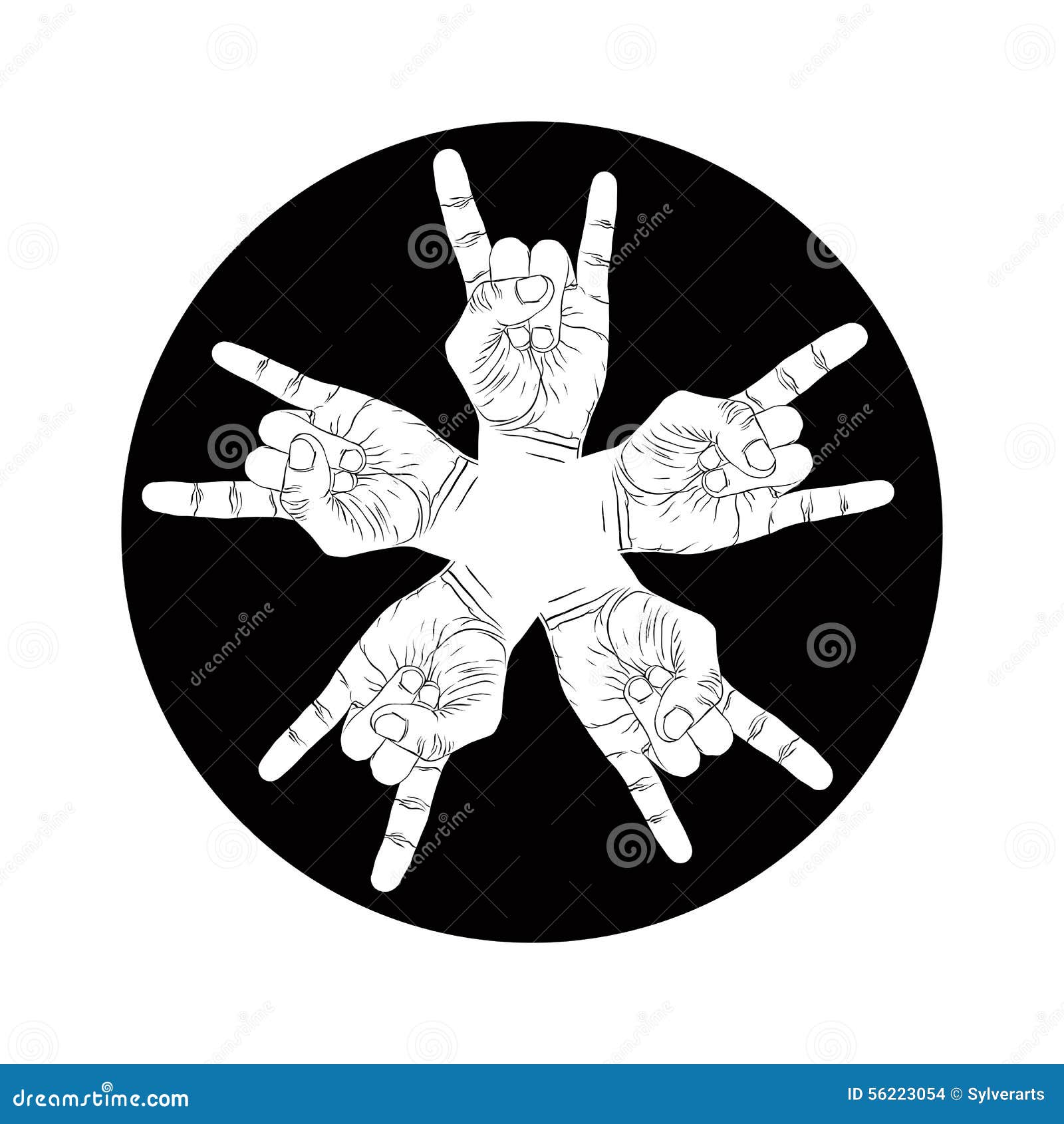 Five Rock Hands Abstract Symbol With Five Point Star, Black And Cartoon ...