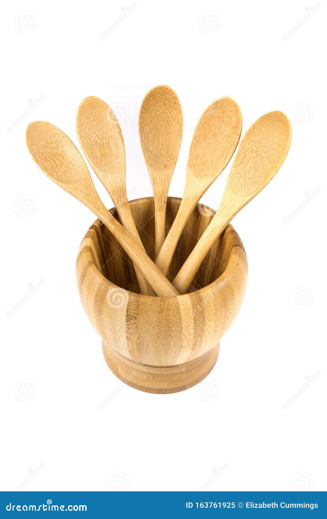Five Shallow Bamboo Spoons in a Wooden Bowl Stock Image - Image of food ...