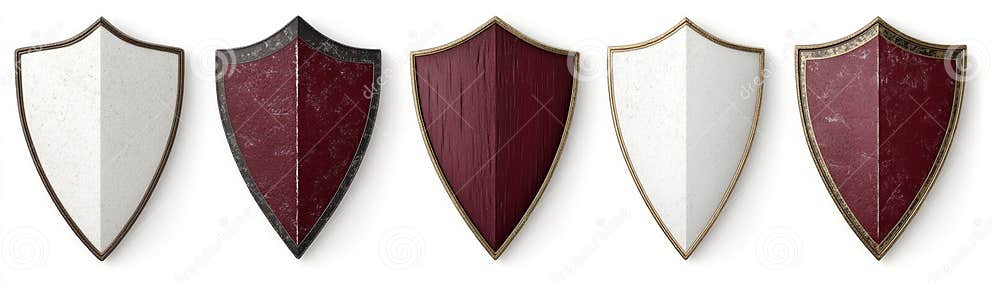 Five Shields, Two White and Three Red, Isolated on White Background ...
