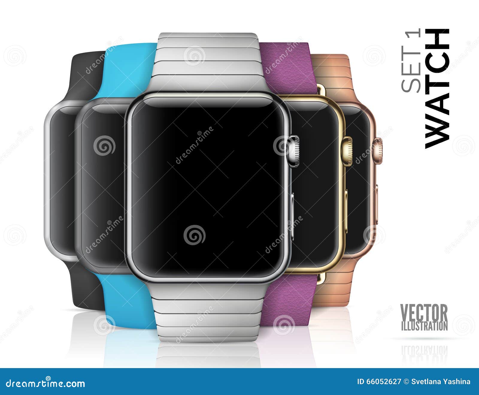 Five Smart Watches on White Stock Vector - Illustration of silver ...