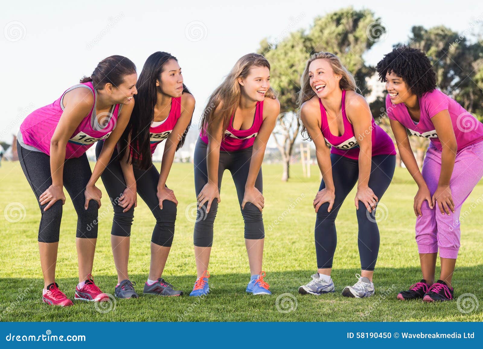 Five Smiling Runners Supporting Breast Cancer Marathon Stock Photo ...
