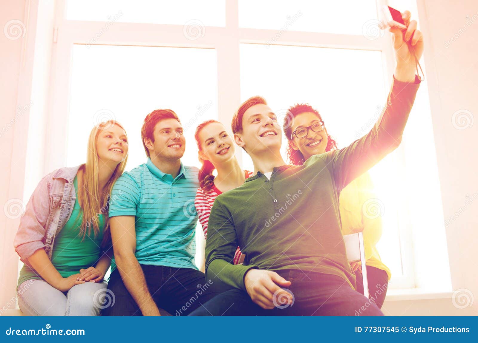 Five Smiling Students Taking Picture with Camera Stock Image - Image of ...
