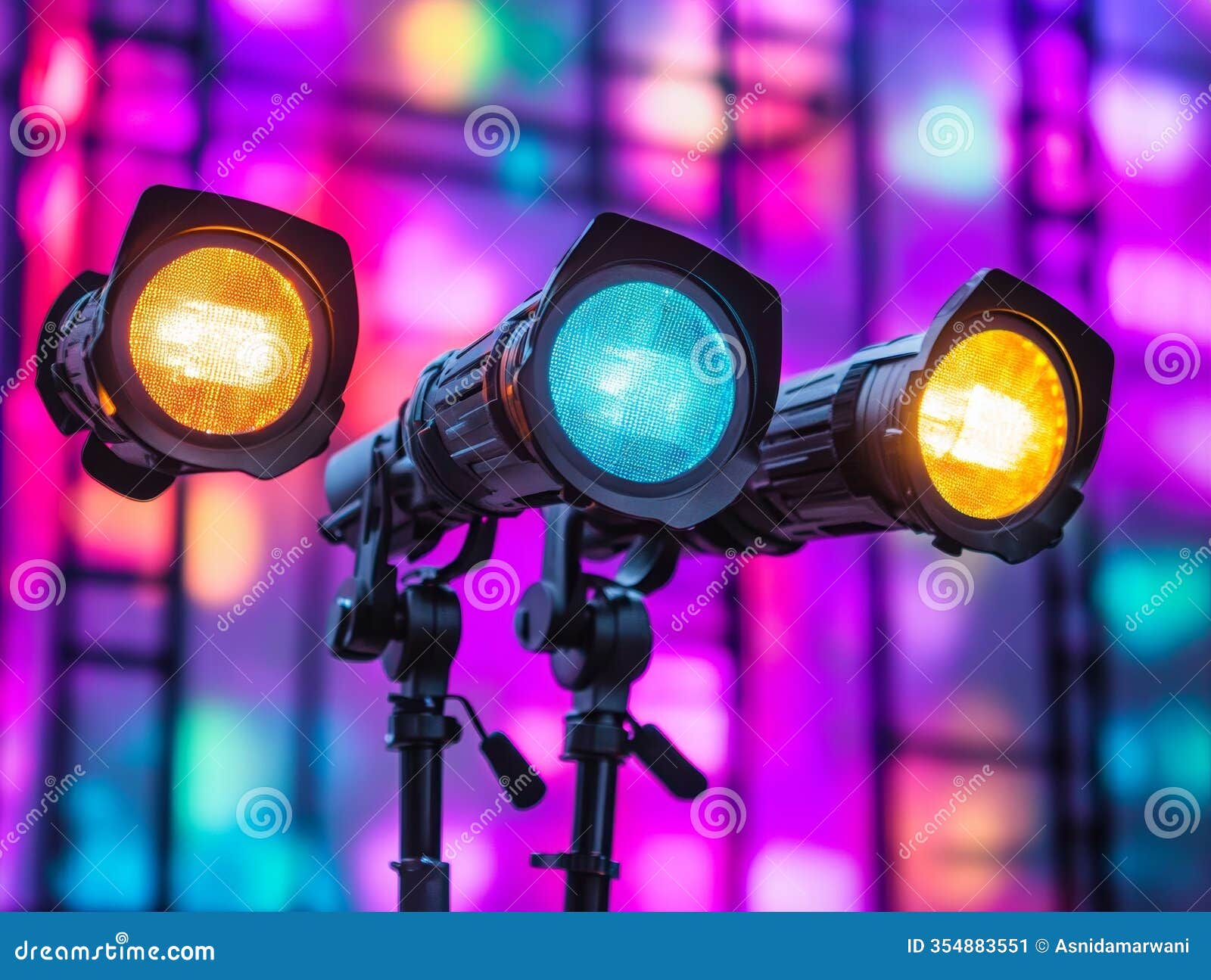 Five Spotlights Illuminate Colorful Backdrop of Blurred Lights - Ai ...