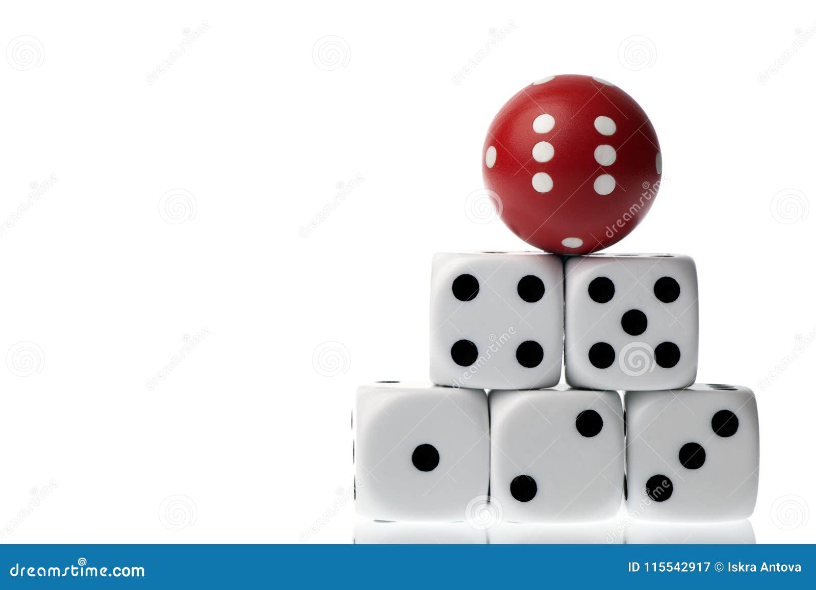 Five Square Dice and Red Rounded Die Isolated on White Stock Image ...