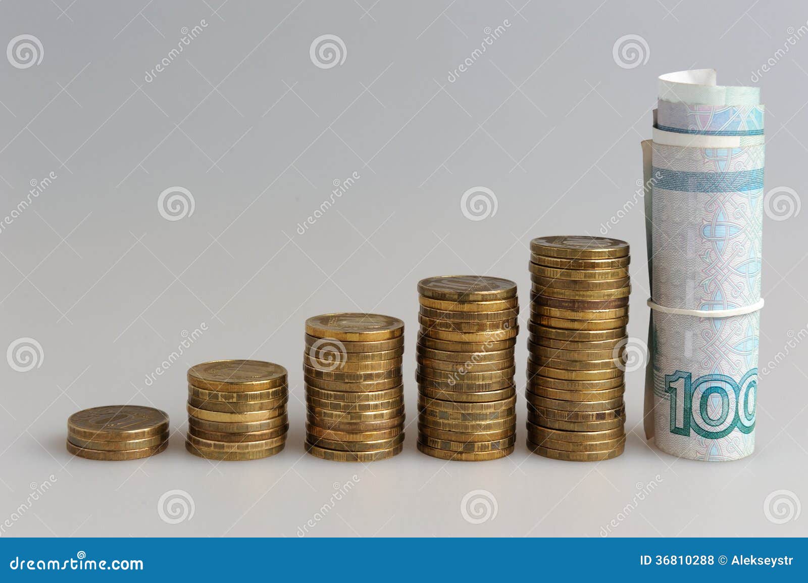 Five Stacks of Coins and Banknotes Stock Photo - Image of 1000 ...