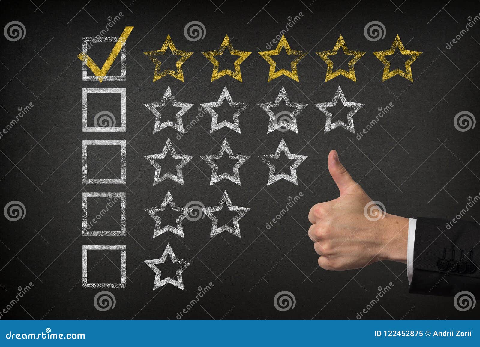 Five Star Checklist Rating with Thumbs Up on Blackboard Stock Image ...