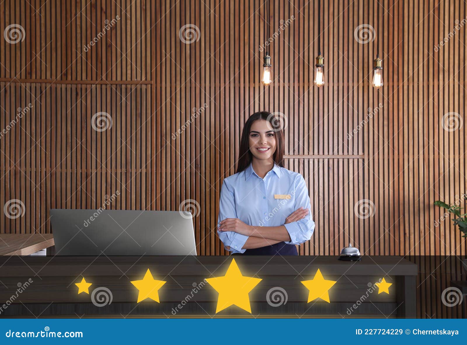Five Star Luxury Hotel. Portrait of Receptionist at Desk in Lobby Stock ...