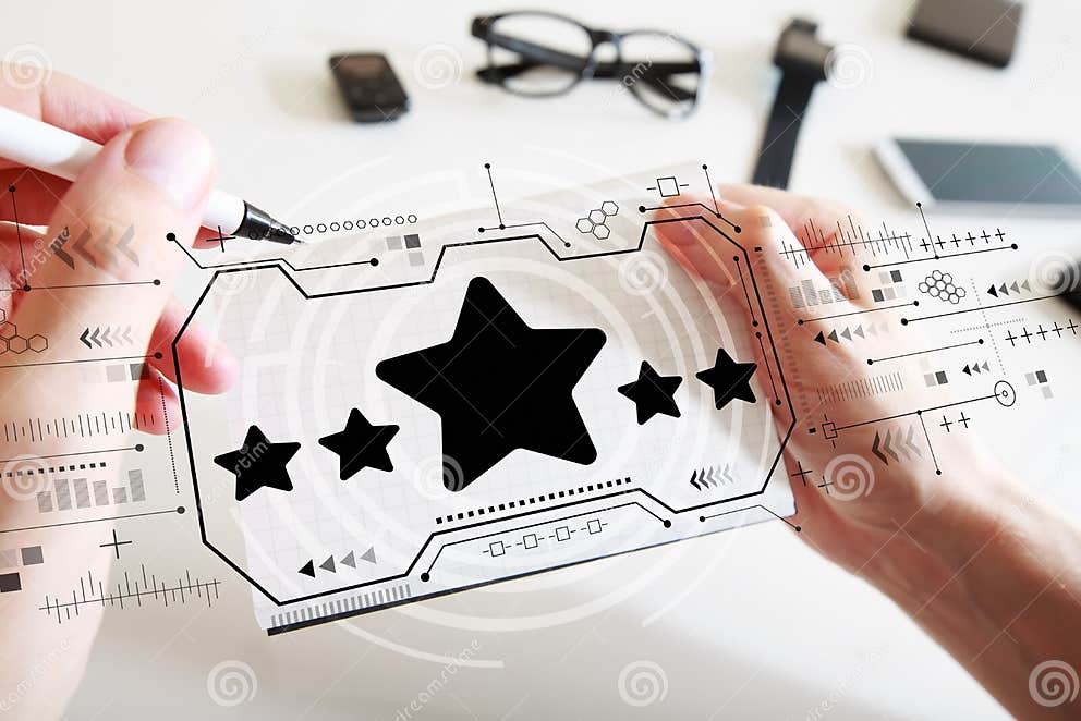 Five Star Rating with a Notebook Stock Photo - Image of hand, score ...