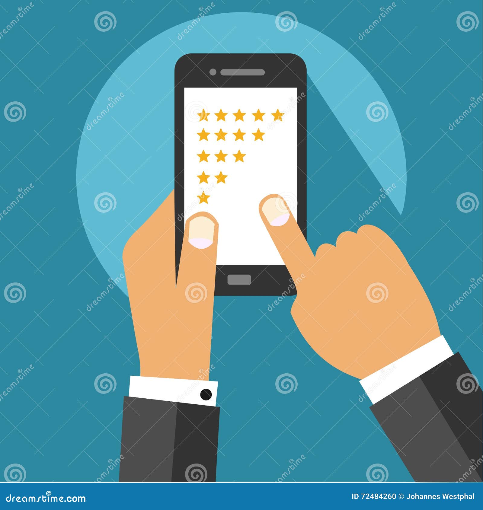 Five Star Rating System on Mobile Device Screen with Hands Flat Vector ...