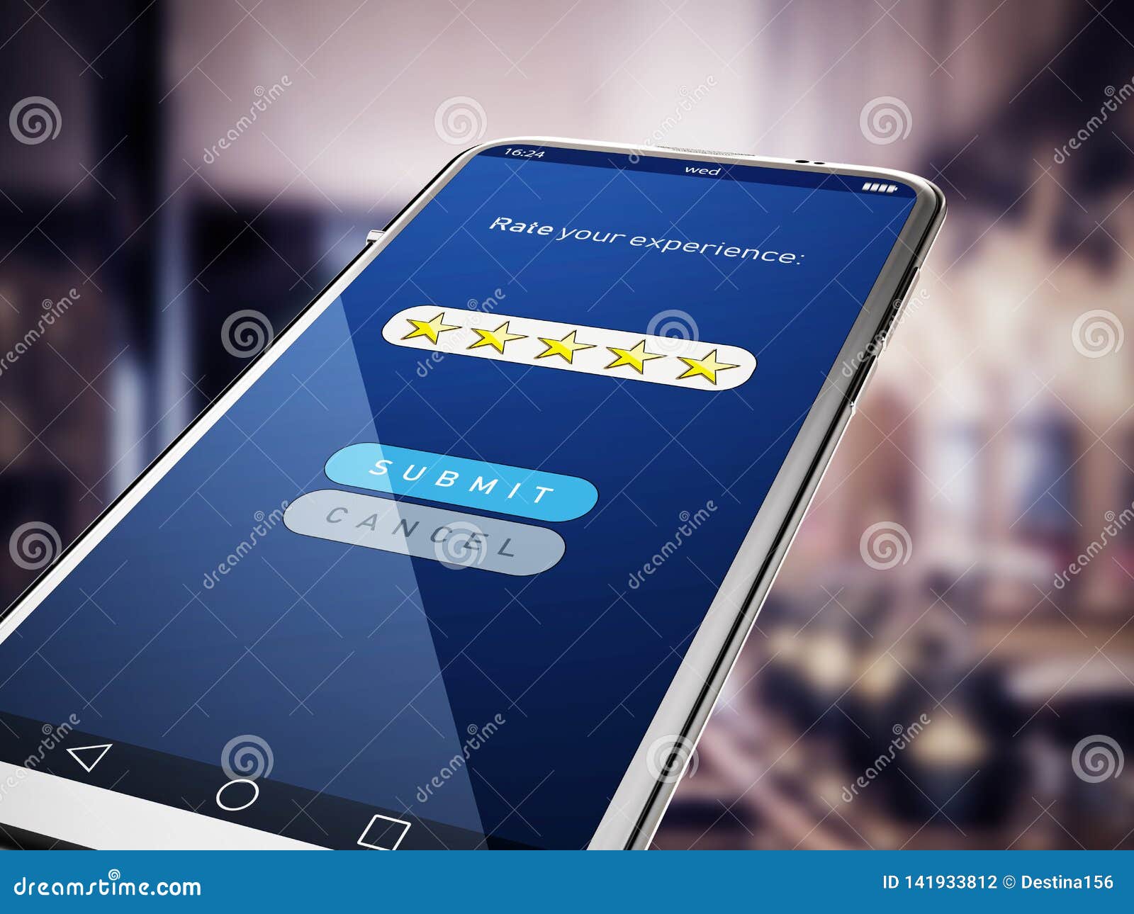 Five Stars Rating Screen on Smartphone. 3D Illustration Stock ...
