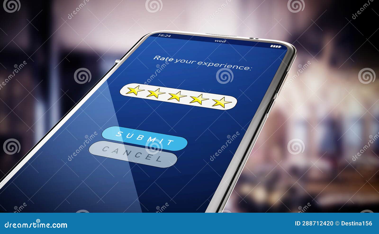 Five Stars Rating Screen on Smartphone. 3D Illustration Stock ...