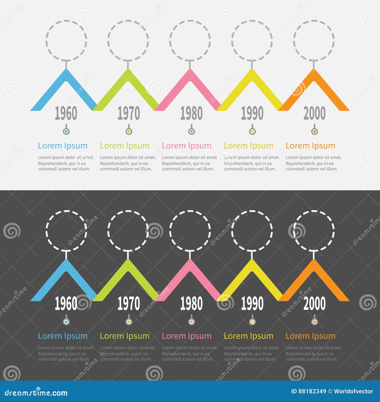 Five Step Timeline Infographic Set. Dash Line Round Circle. Colorful ...