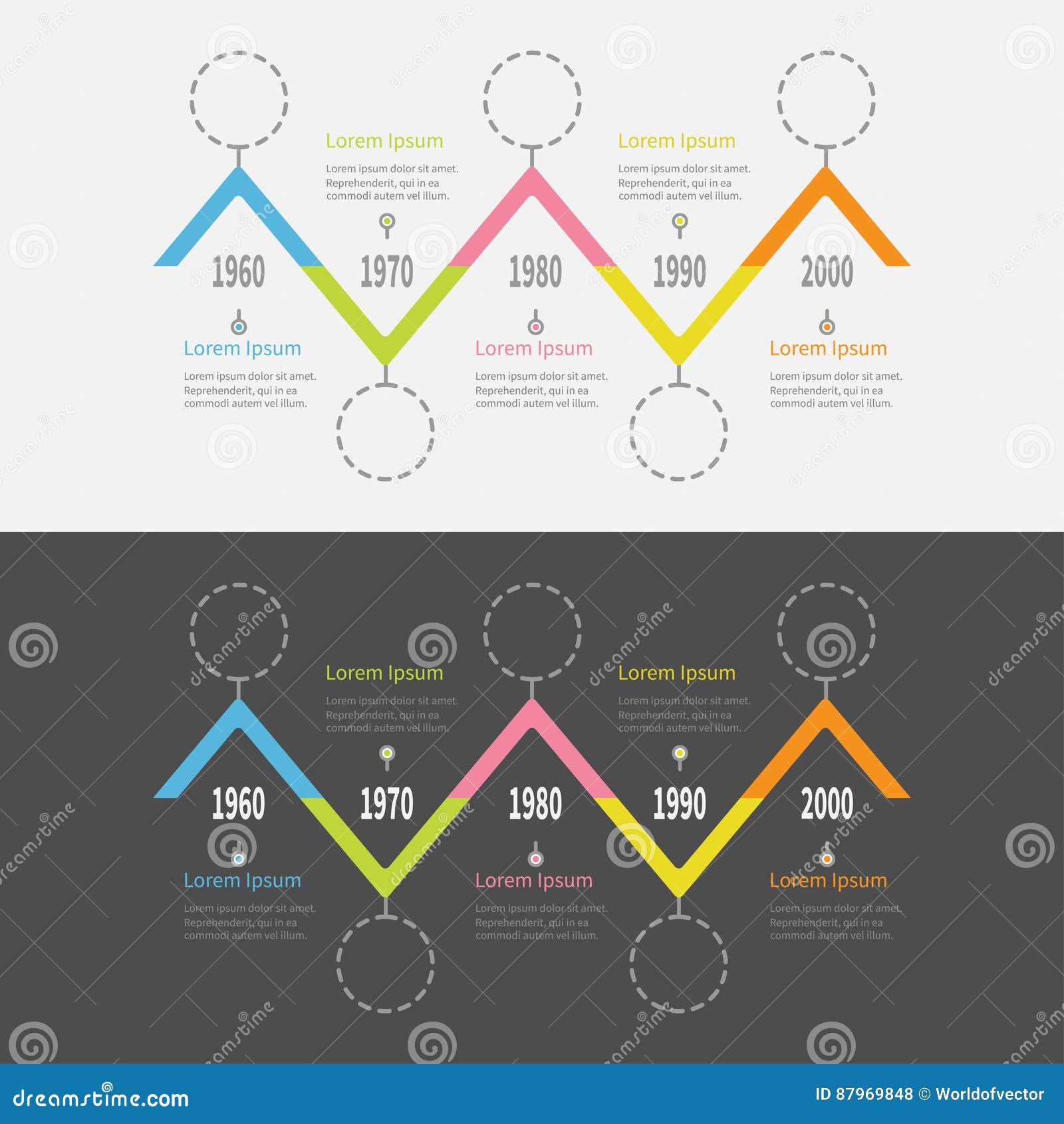 Five Step Timeline Infographic Set. Dash Line Round Circle. Colorful ...