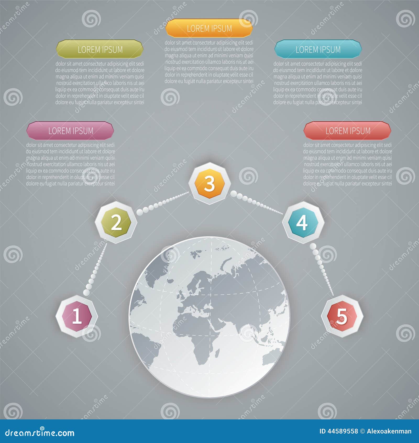 Five Steps Vector 3D Infographic Template with World Map Stock Vector ...