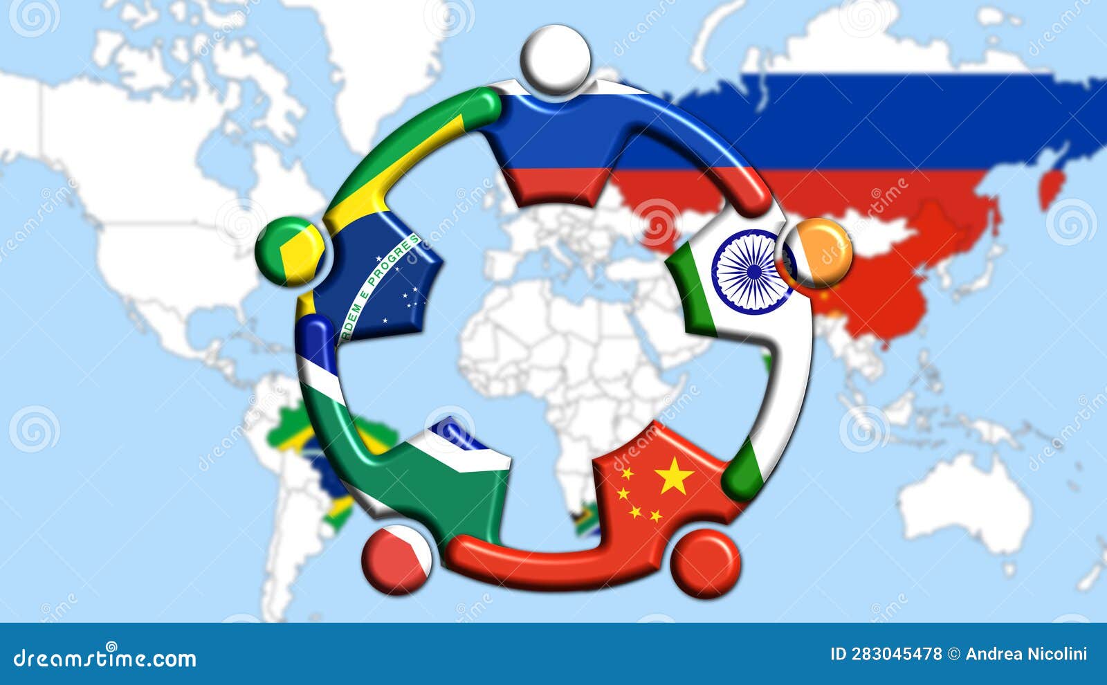 BRICS, Five Stylized Men Embracing in a Circle, with the Flags of the ...