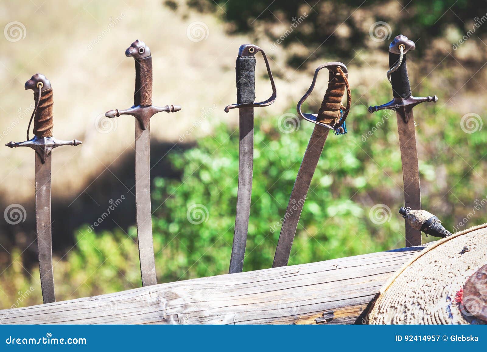 Five Swords Exhibited in a Row Stock Image - Image of tree, forged ...
