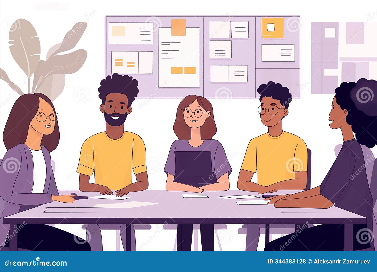 Five Team Members Engage in a Vibrant Brainstorming Session Around a ...