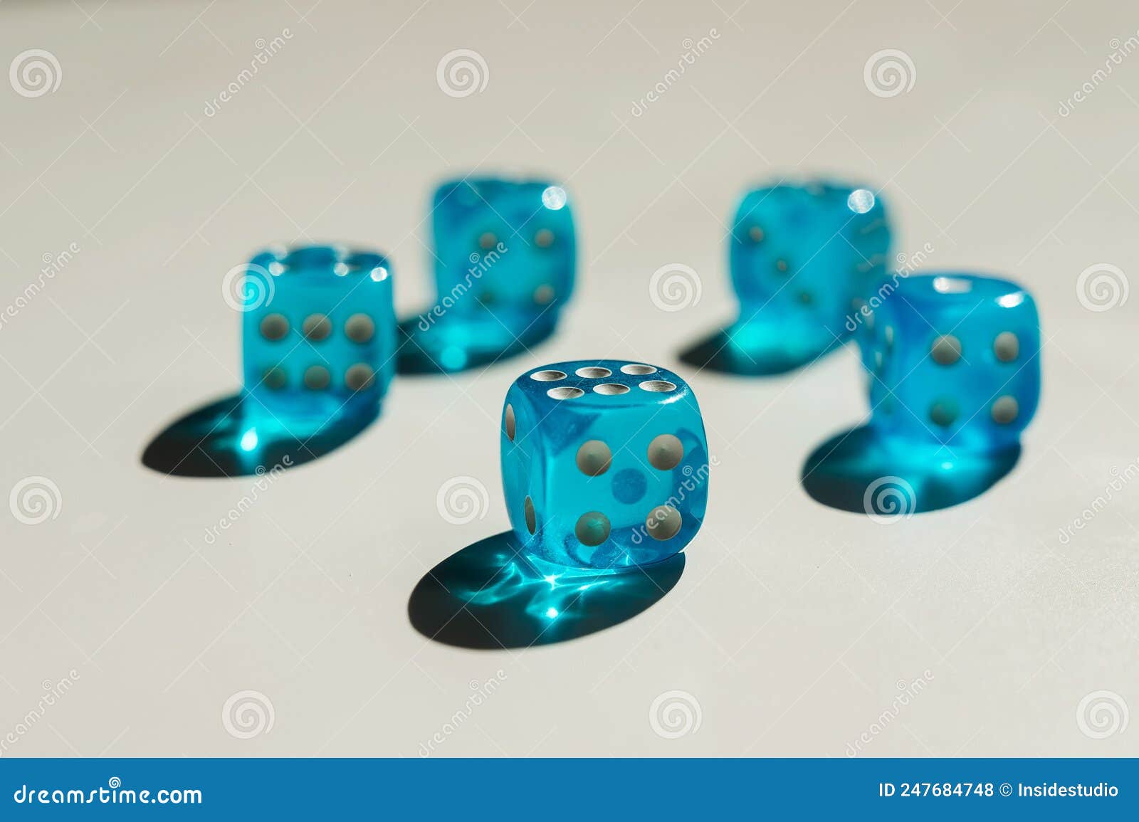Five Transparent Blue Dice on a White Table. Stock Photo - Image of ...