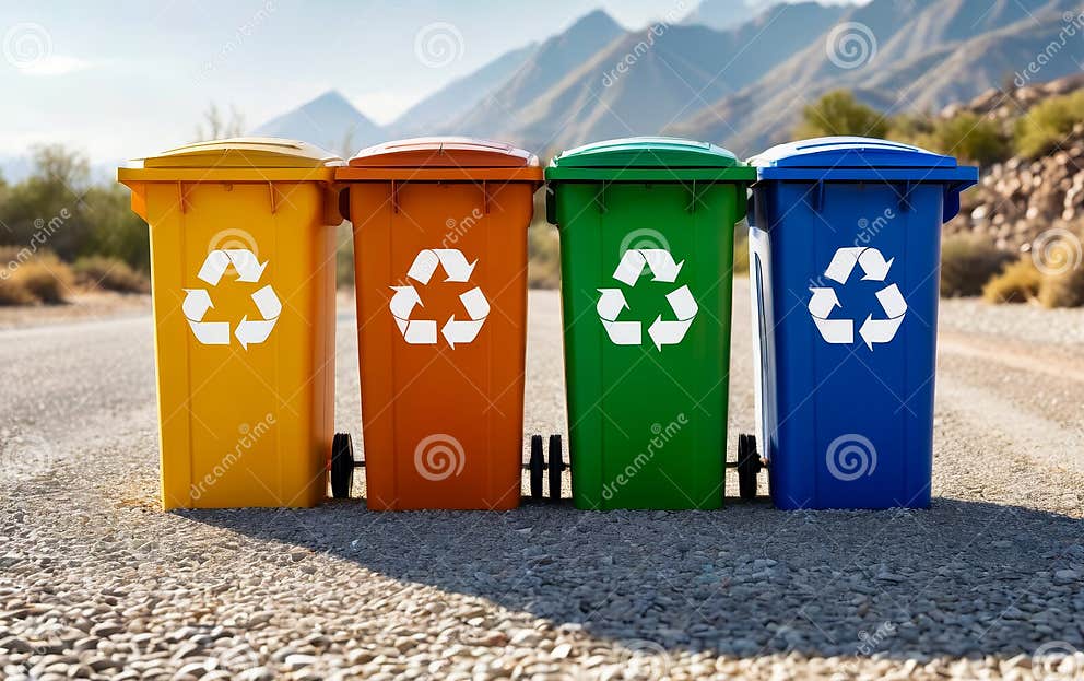 Five Trash Receptacles Each Different Color of the Rainbow Lined Up on ...