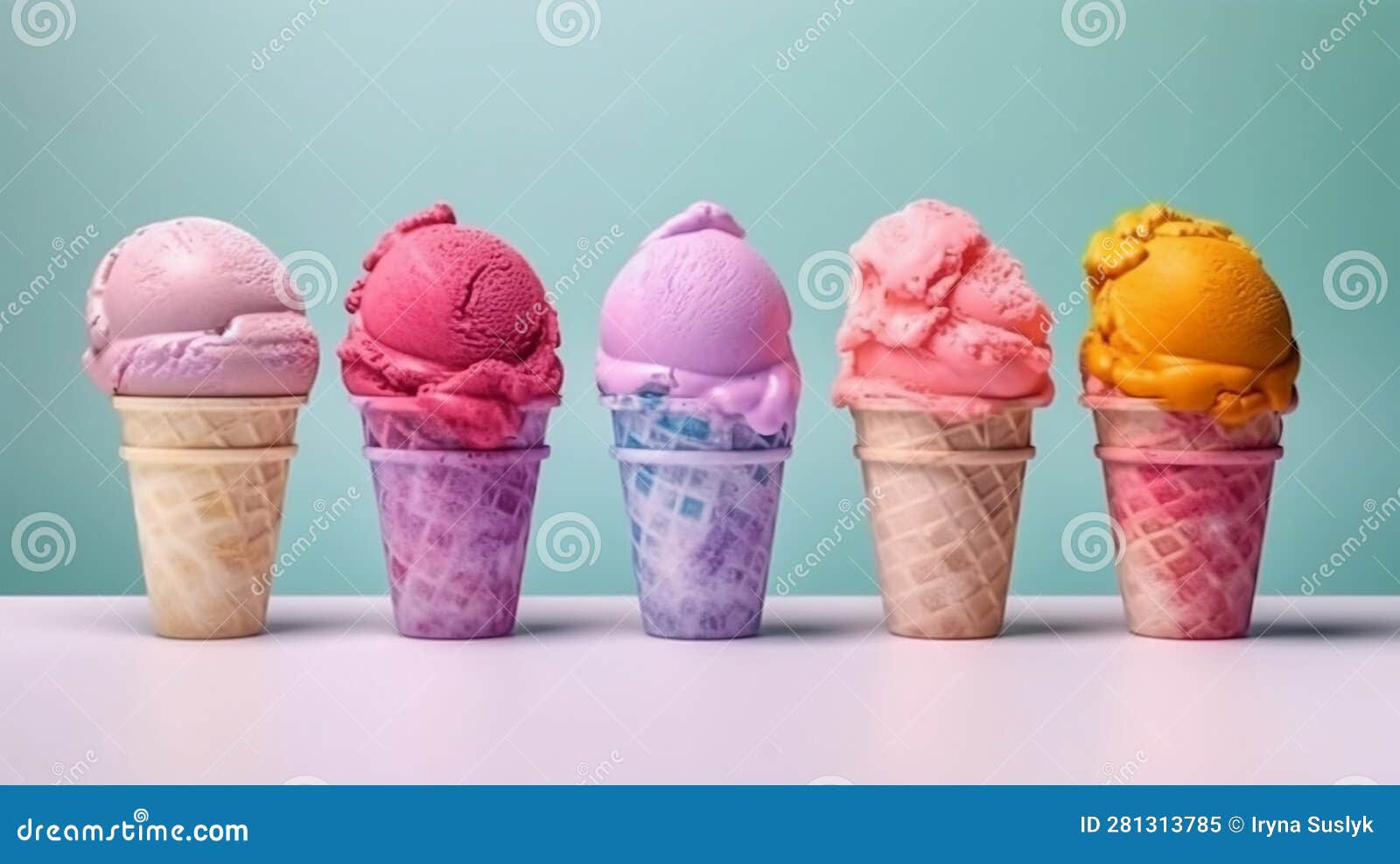 Five Types of Different Flavors and Colors of Ice Creams in Waffle Cups ...