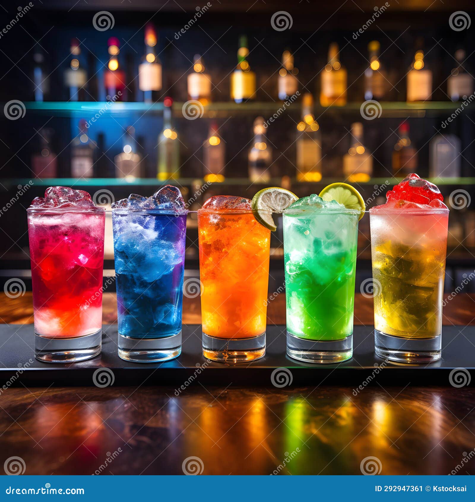 Five Vibrant Cocktails on a Bar. Stock Image - Image of drinks ...