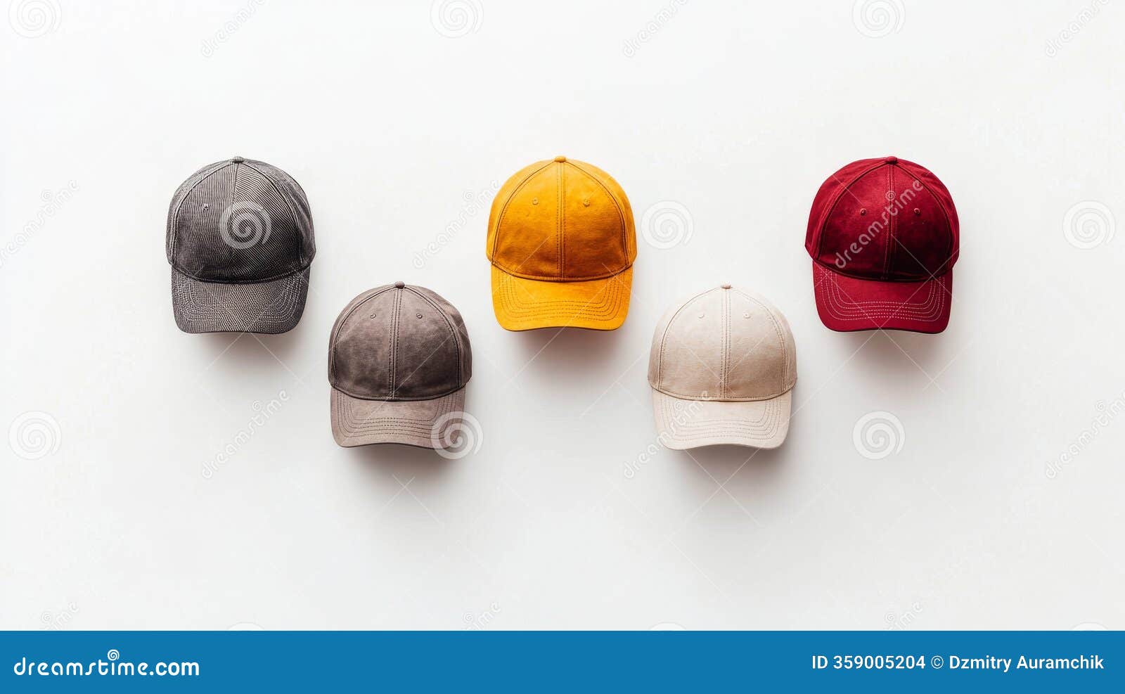 Five Vividly Colored Baseball Caps Placed on a Plain White Background ...