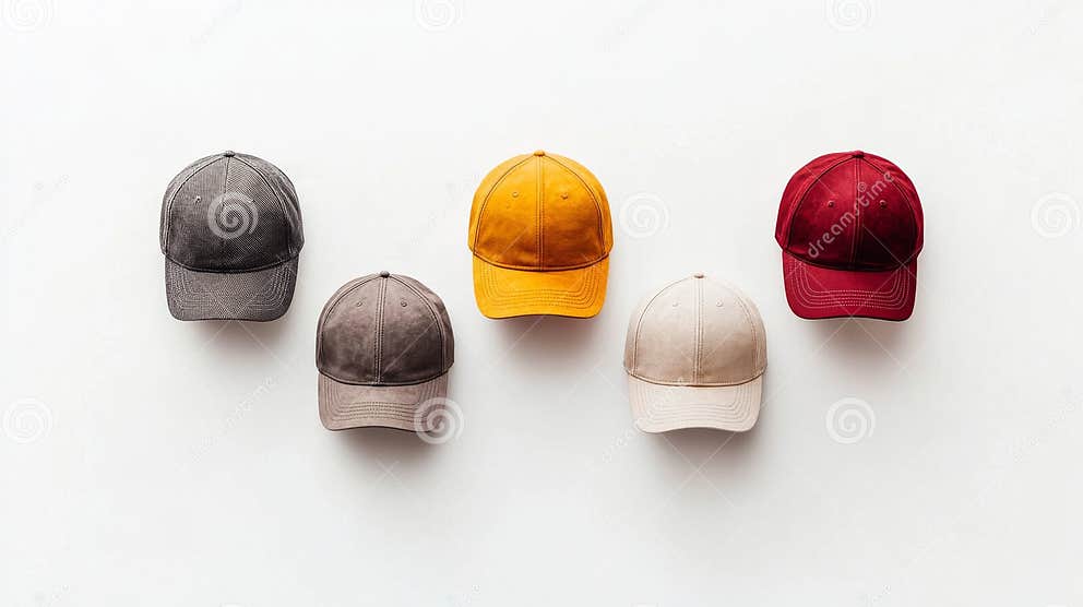 Five Vividly Colored Baseball Caps Placed on a Plain White Background ...