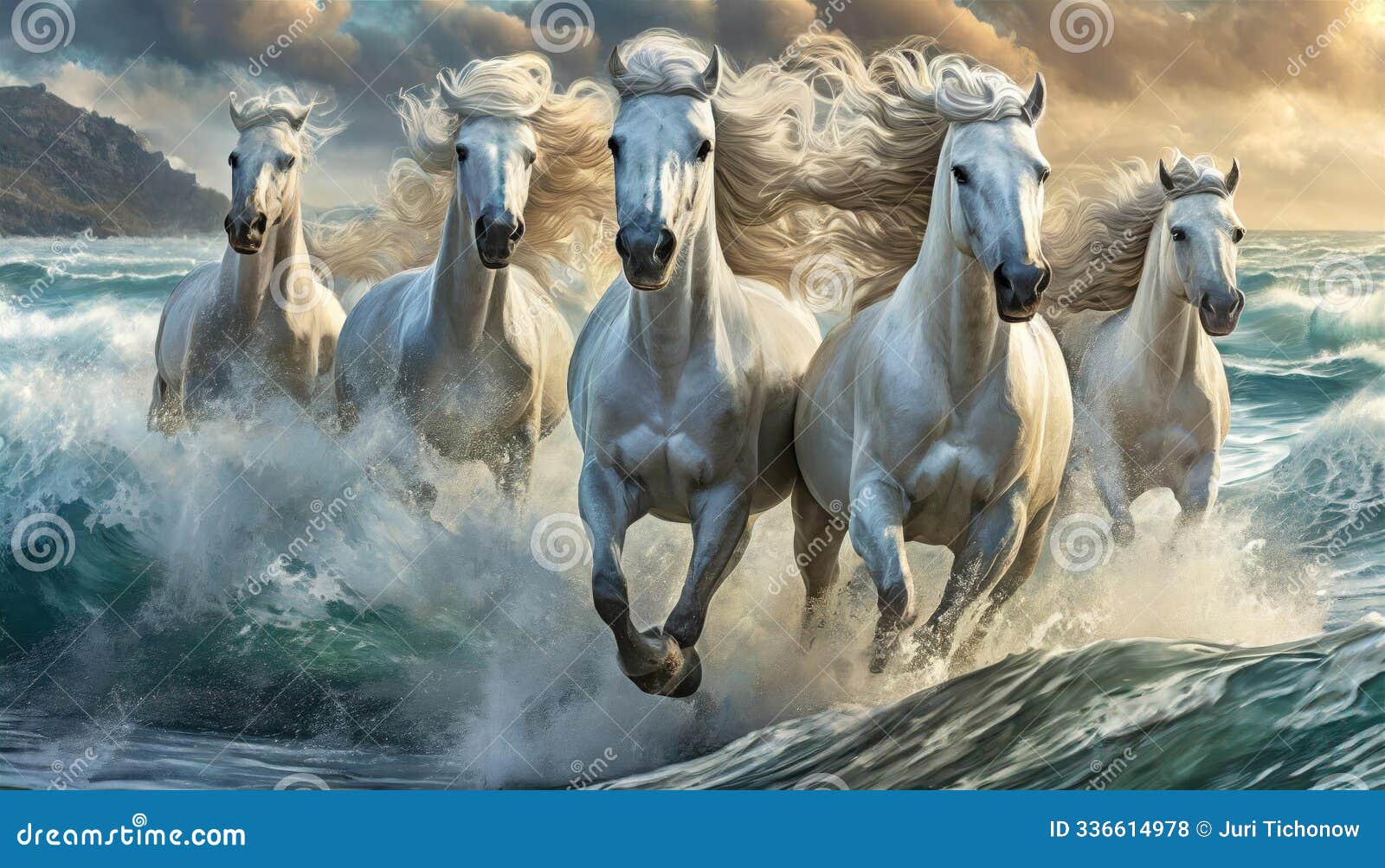 Five White Horses Running through Ocean Waves with Mountains in the ...