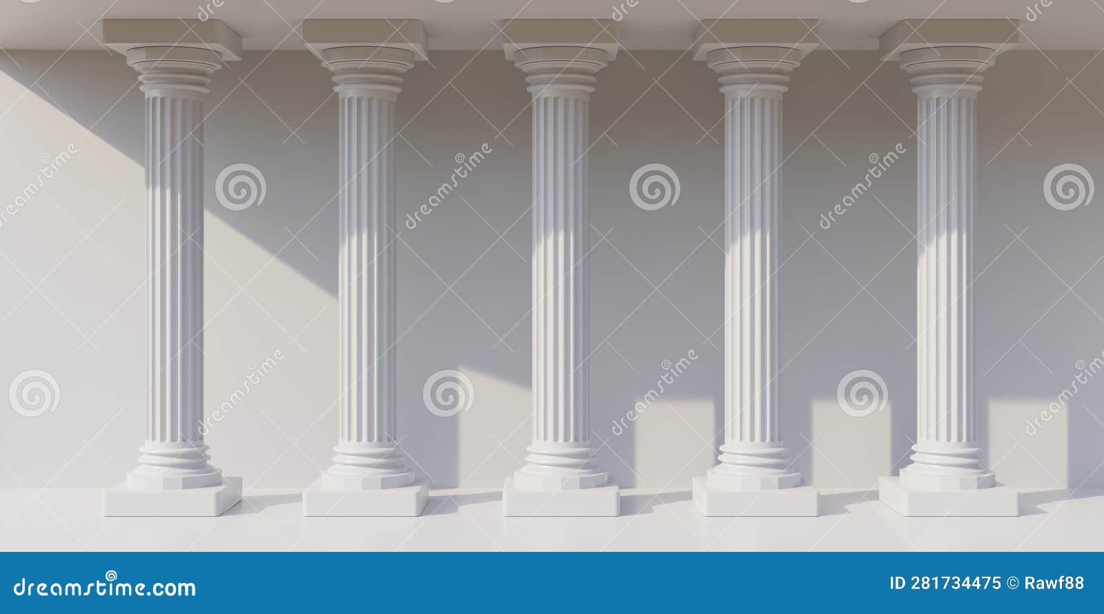 Five White Marble Pillar Doric Rhythm Column in Row on Empty White ...