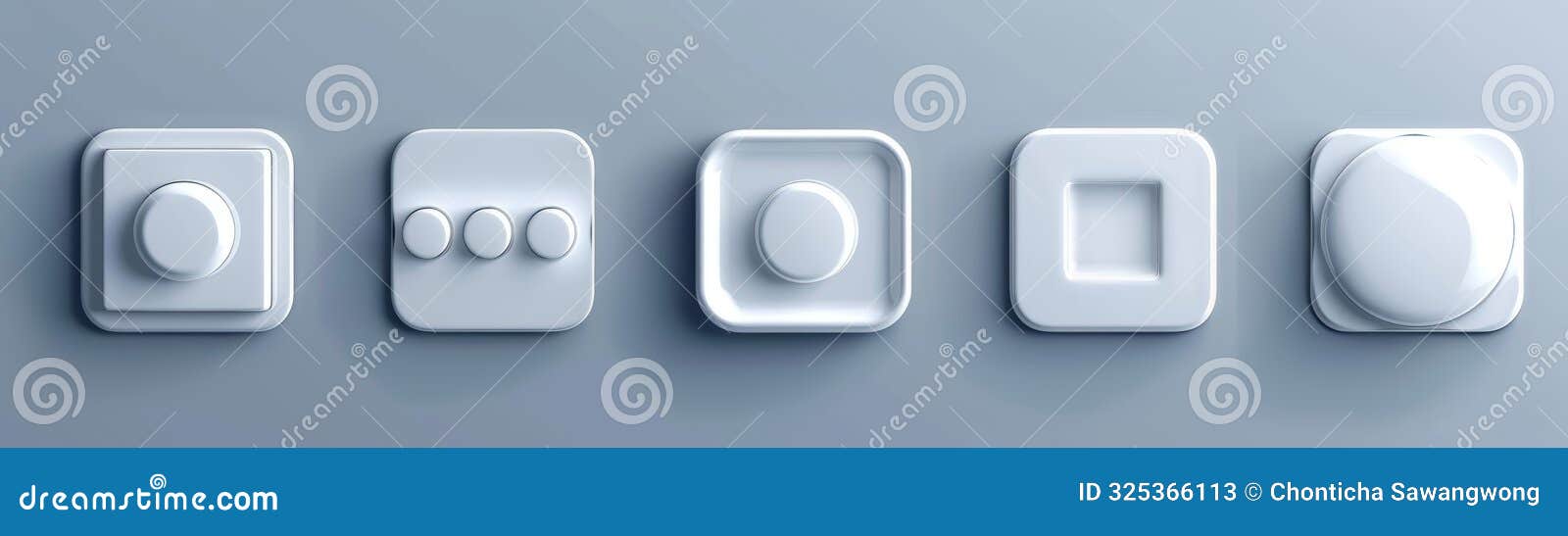 Five White Square Buttons with Different Symbols on a Gray Background ...