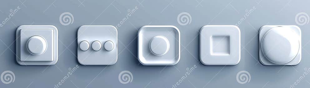 Five White Square Buttons with Different Symbols on a Gray Background ...