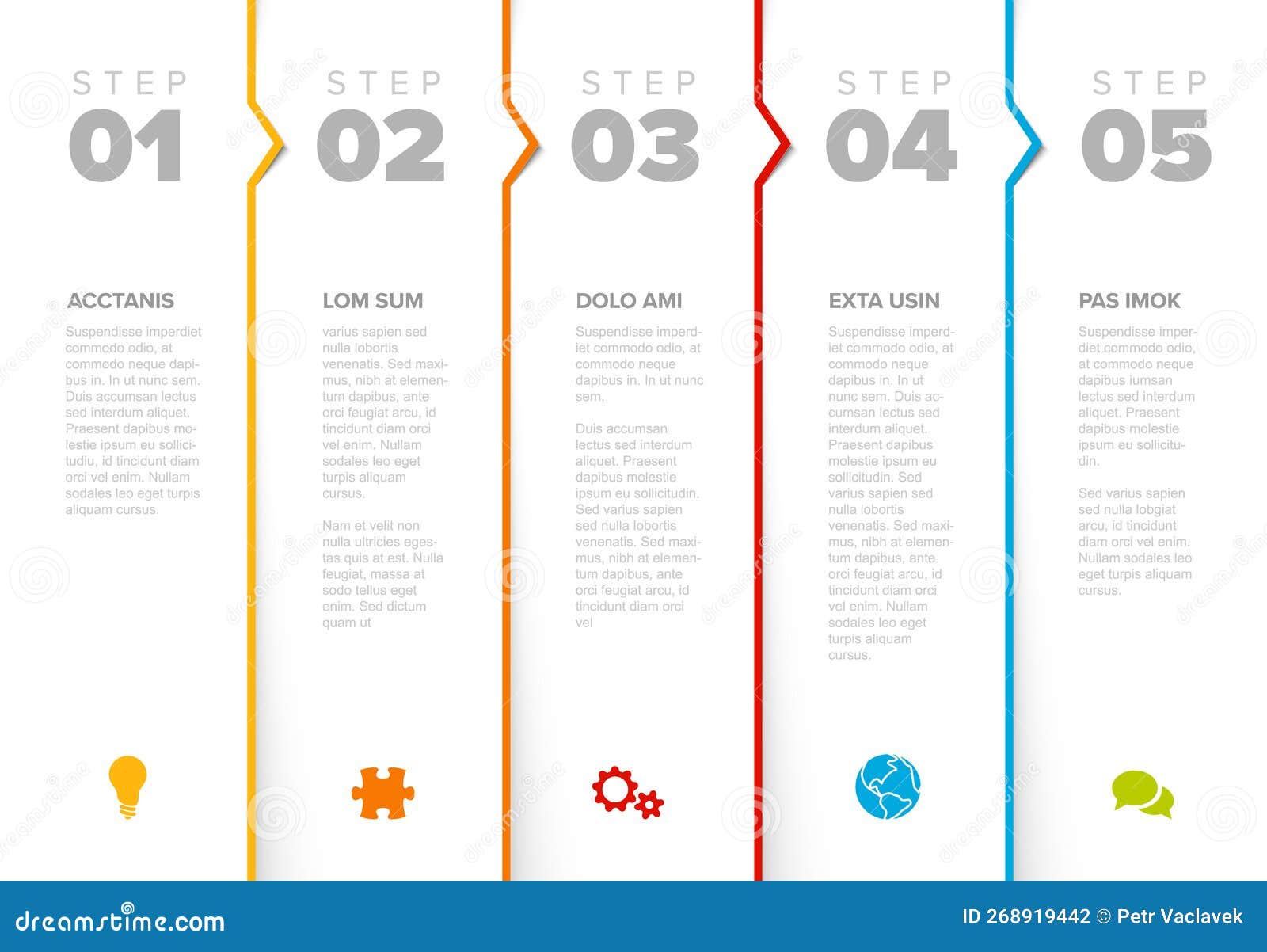 Five White Steps Progress Page Template with Color Borders, Arrows and ...