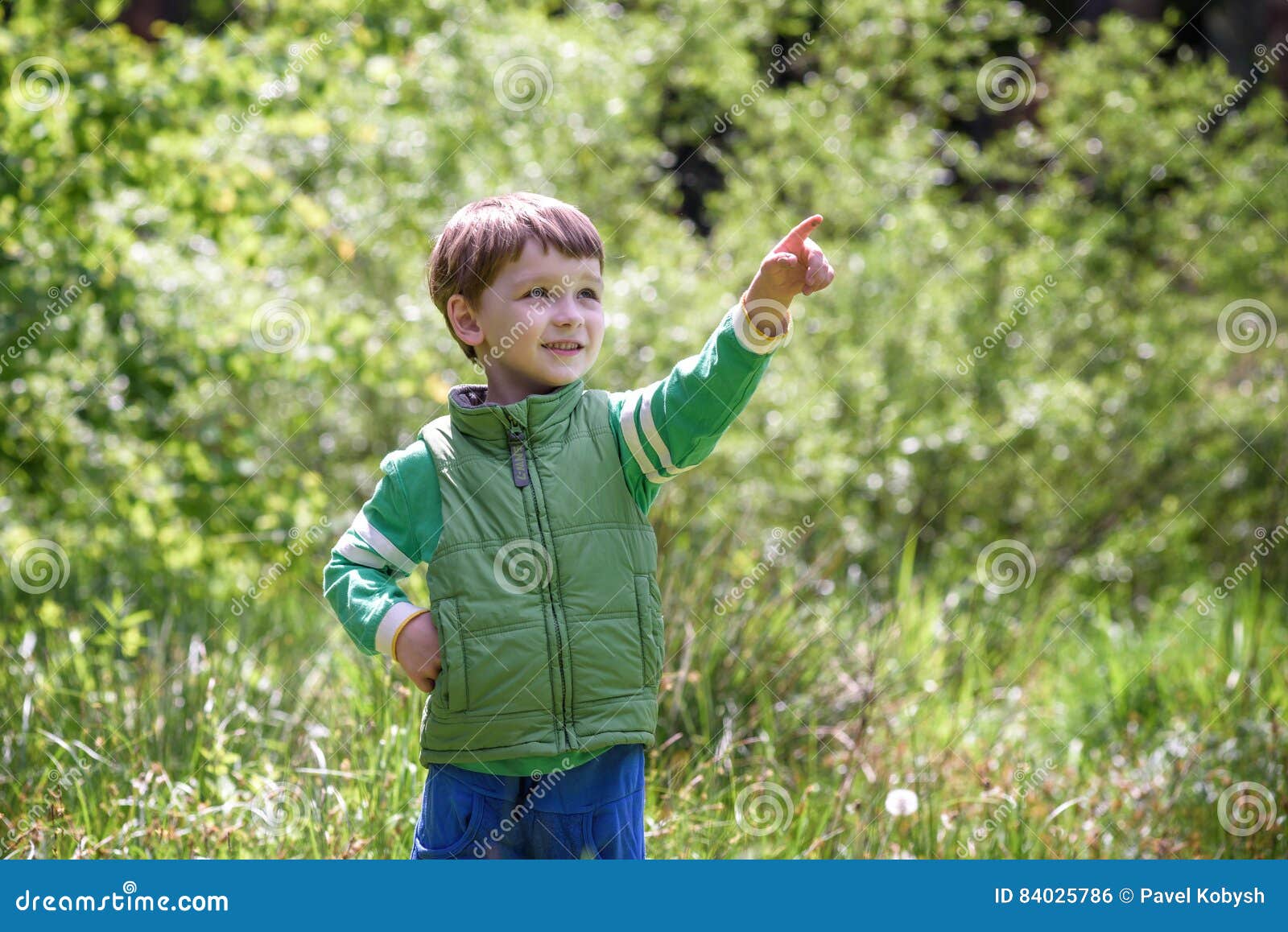 Five Year Old Boy Looking and Pointing His Finger at the Strange Tree ...