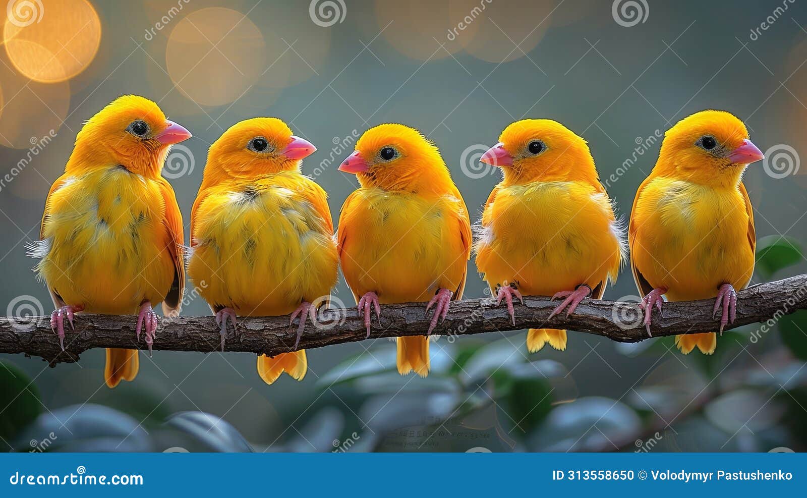 Five Yellow Birds Sitting on a Branch Stock Photo - Image of perch, generated: 313558650