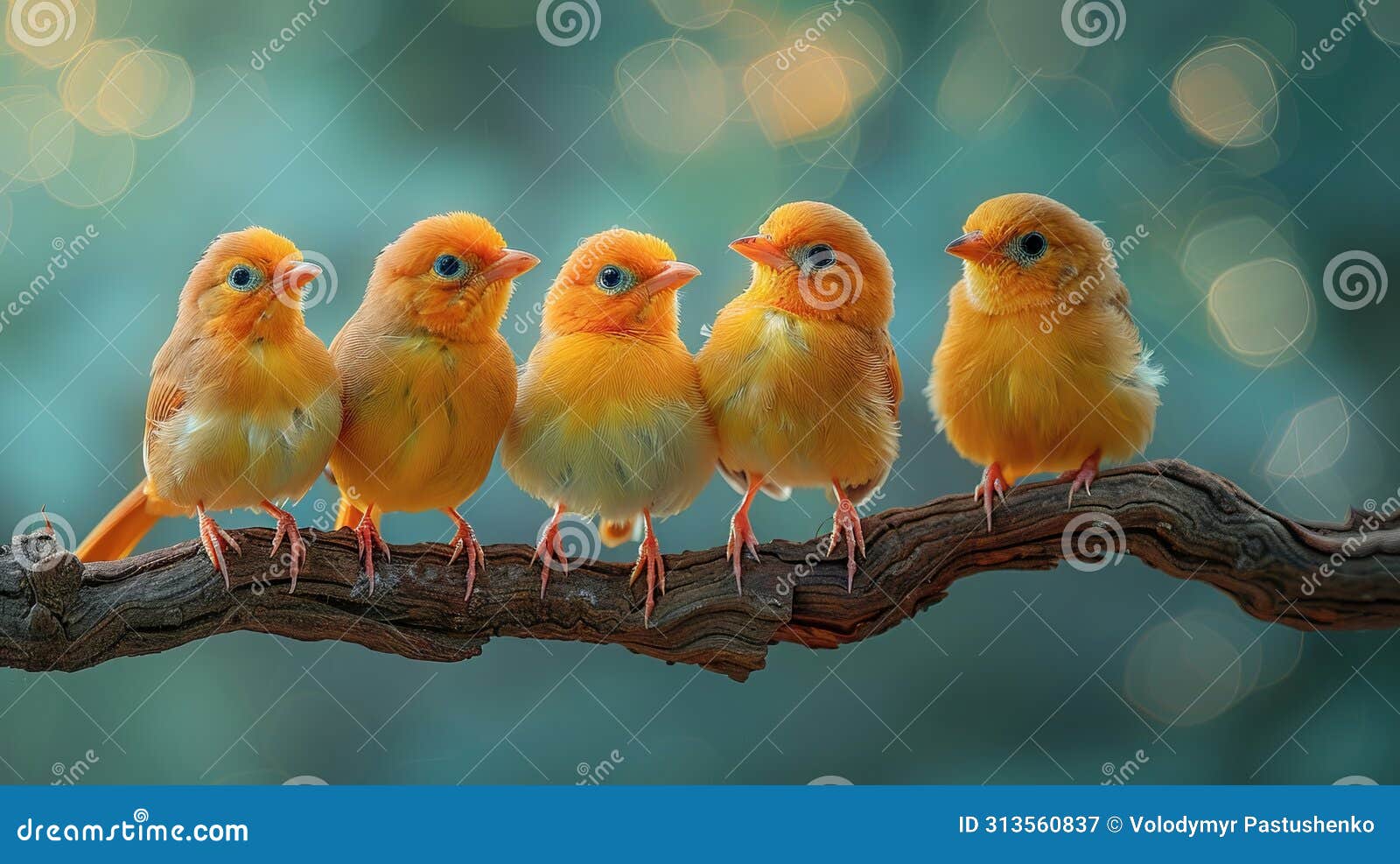 Five Yellow Birds Sitting on a Branch Stock Image - Image of birds ...