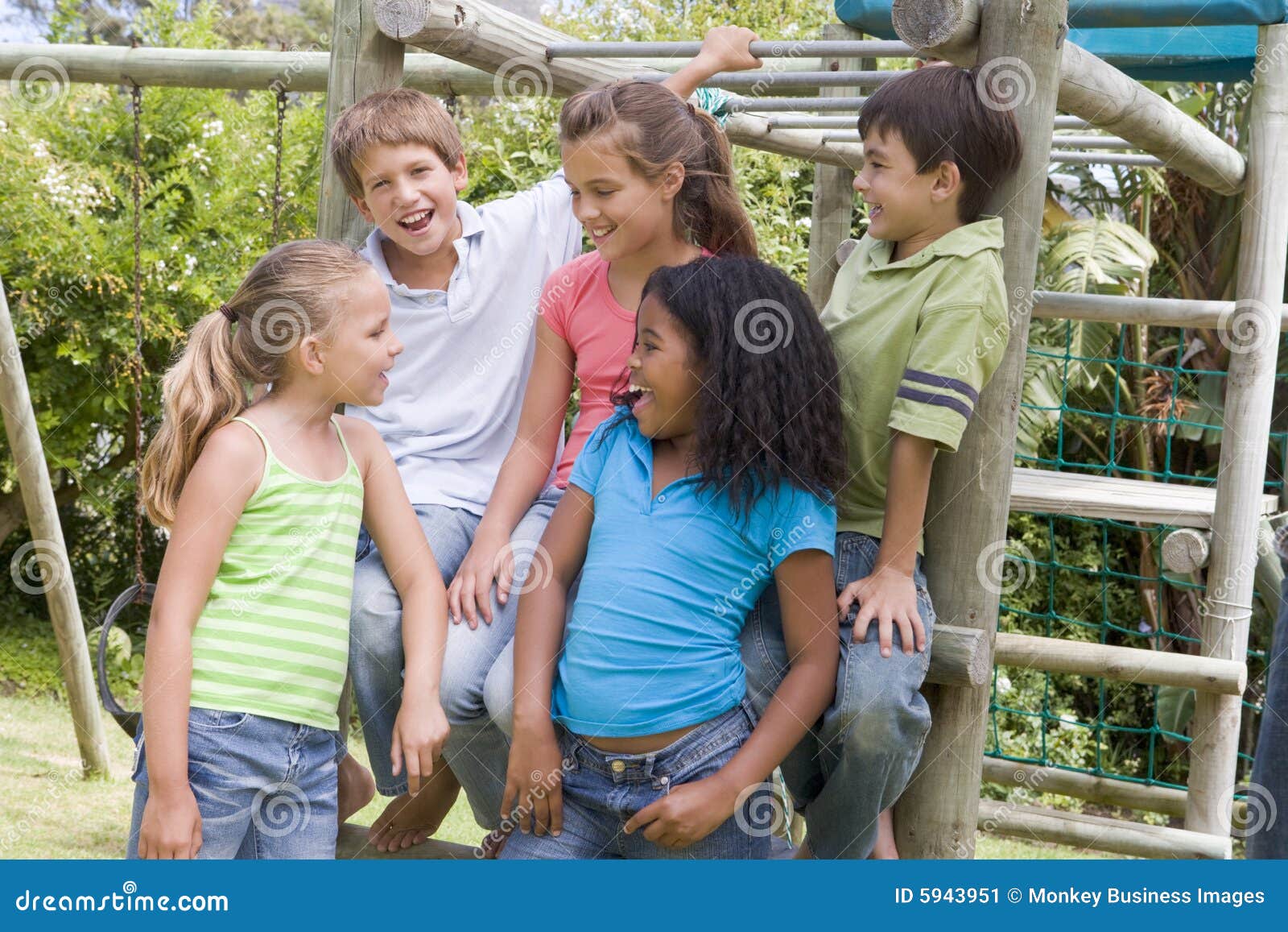 Five Young Friends at a Playground Smiling Stock Image - Image of mixed ...