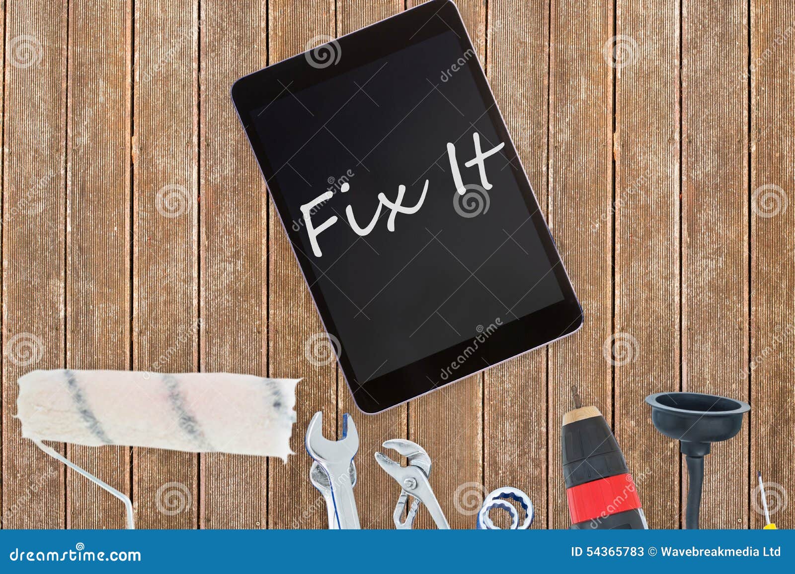 Fix it Against Tools and Tablet on Wooden Background Stock Illustration ...