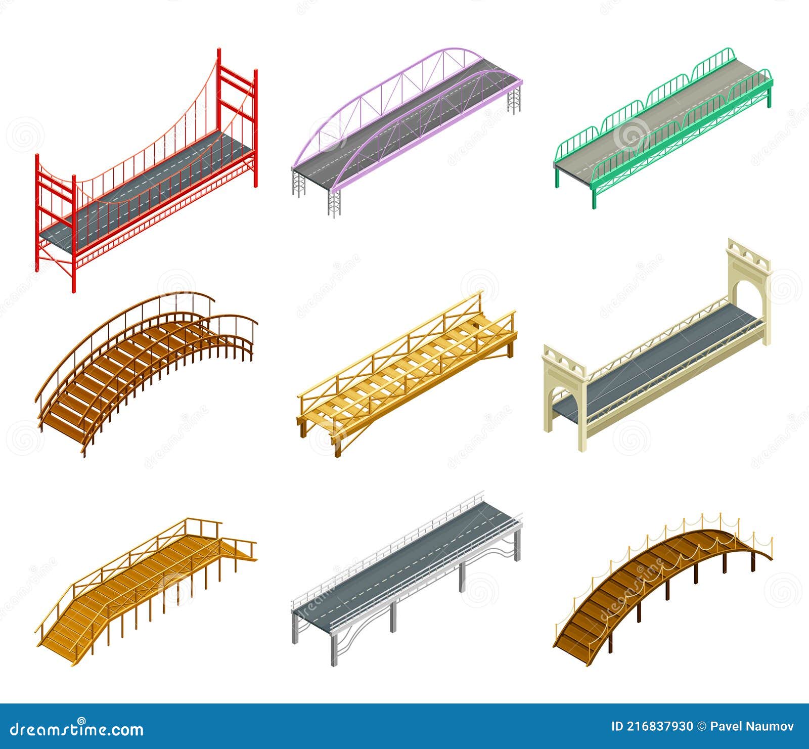 Fixed Bridges Made of Wood or Metal with Beam and Arch Bridge Isometric ...