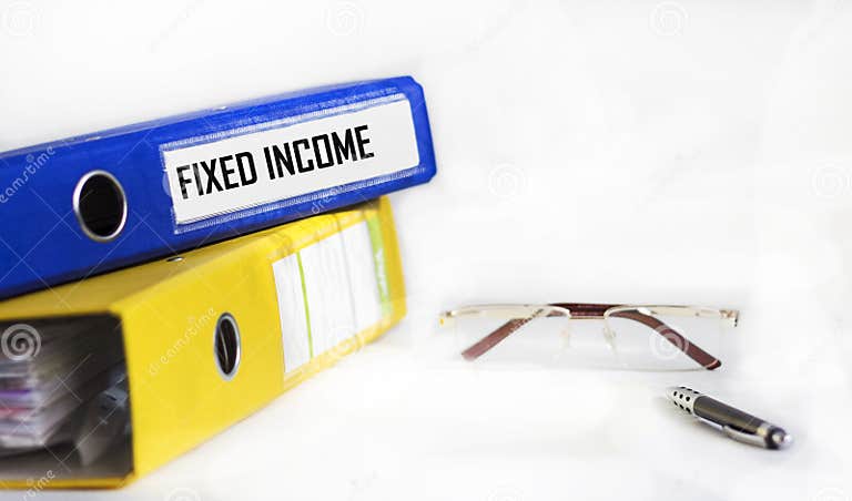 FIXED INCOME Text on Blue Folder with Pen, Glasses on White Background ...