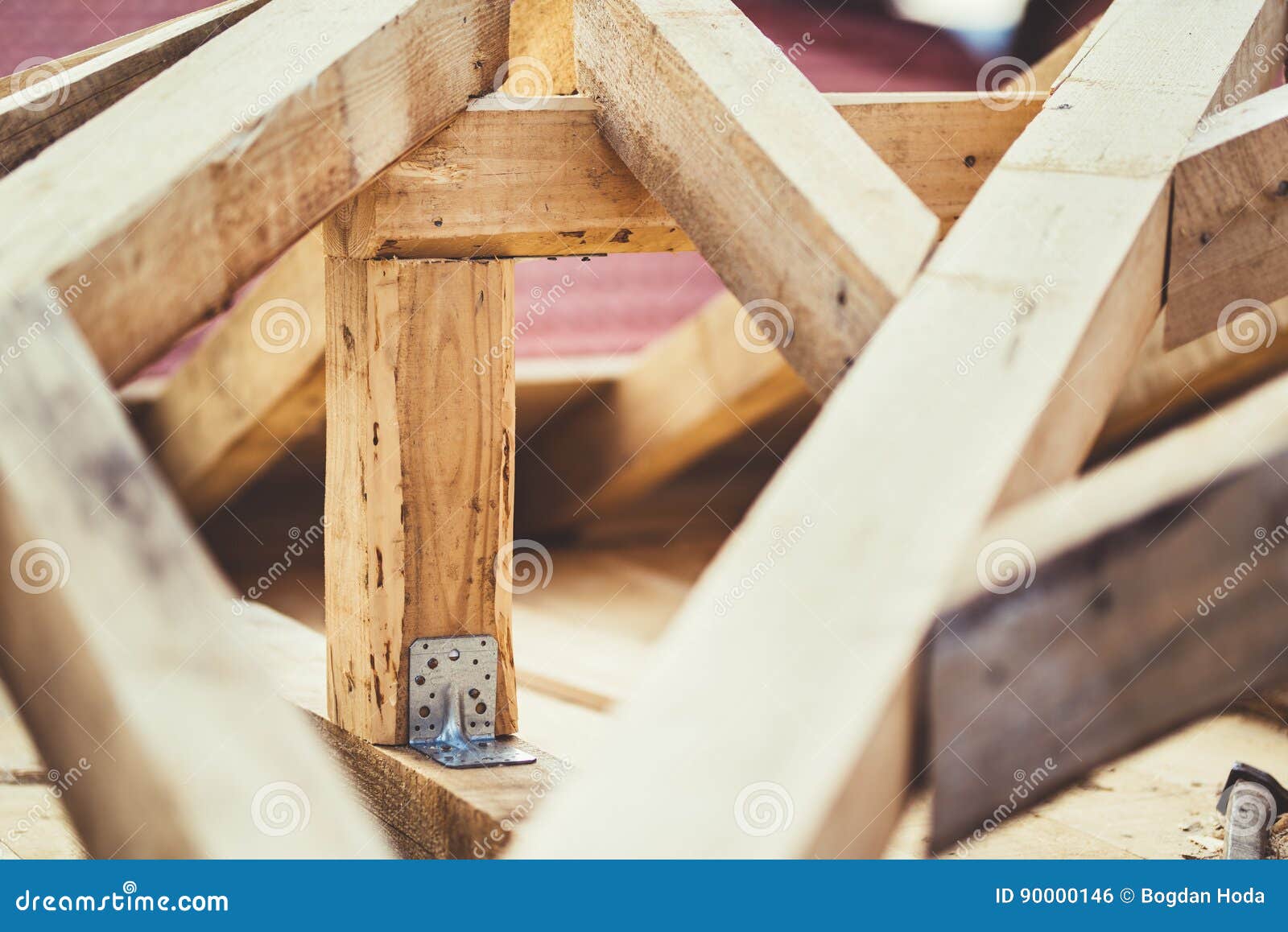 Fixed Joining with Metal Plate of Wooden Beams at Construction Site ...