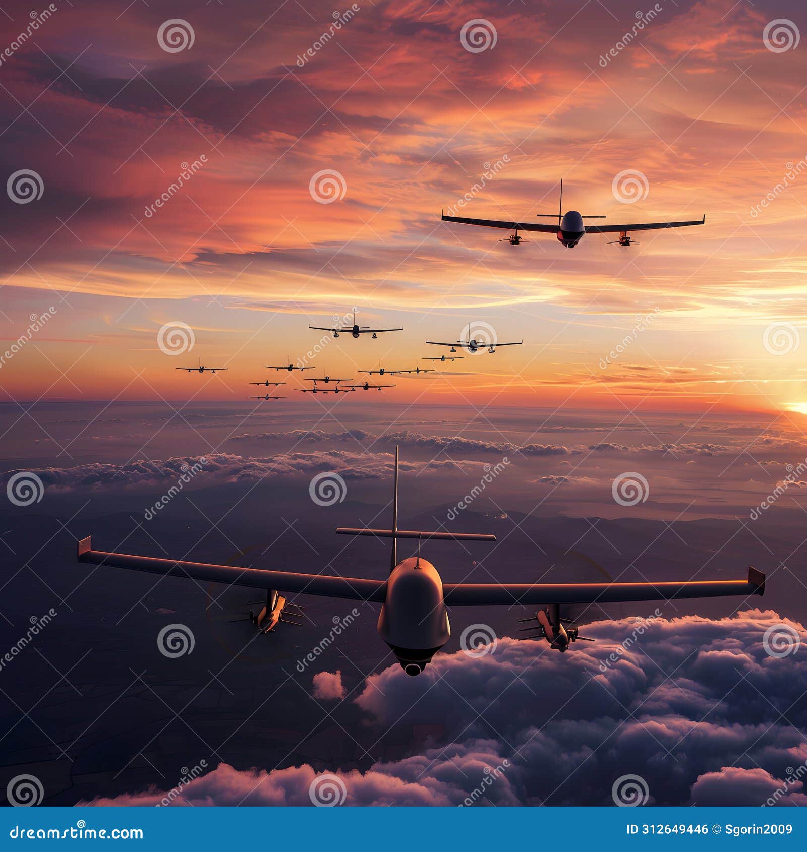 Fixed Wing Drones Fly High in the Sky Above the Clouds at Sunset Stock ...
