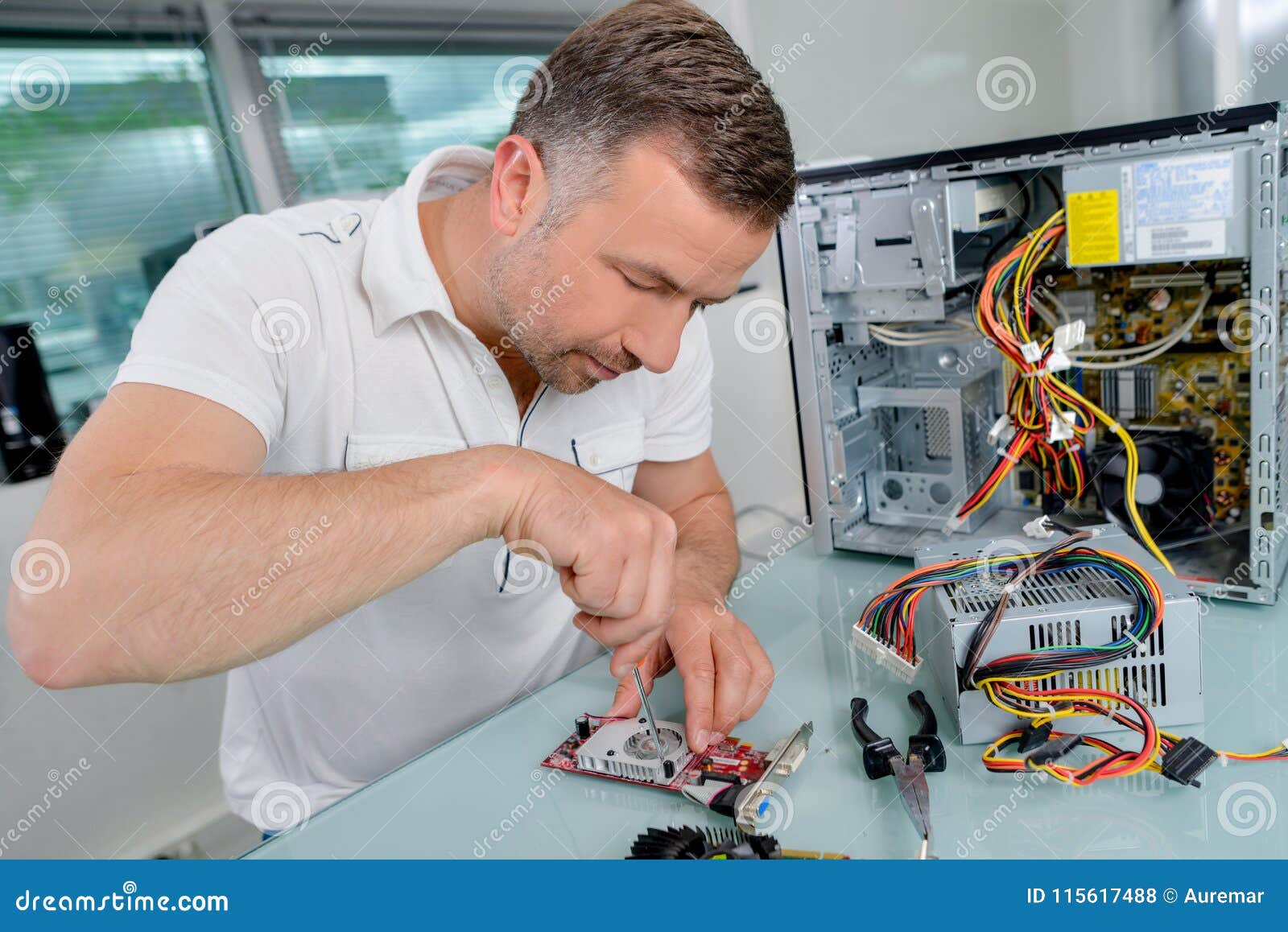 Fixing a broken computer stock photo. Image of measuring - 115617488