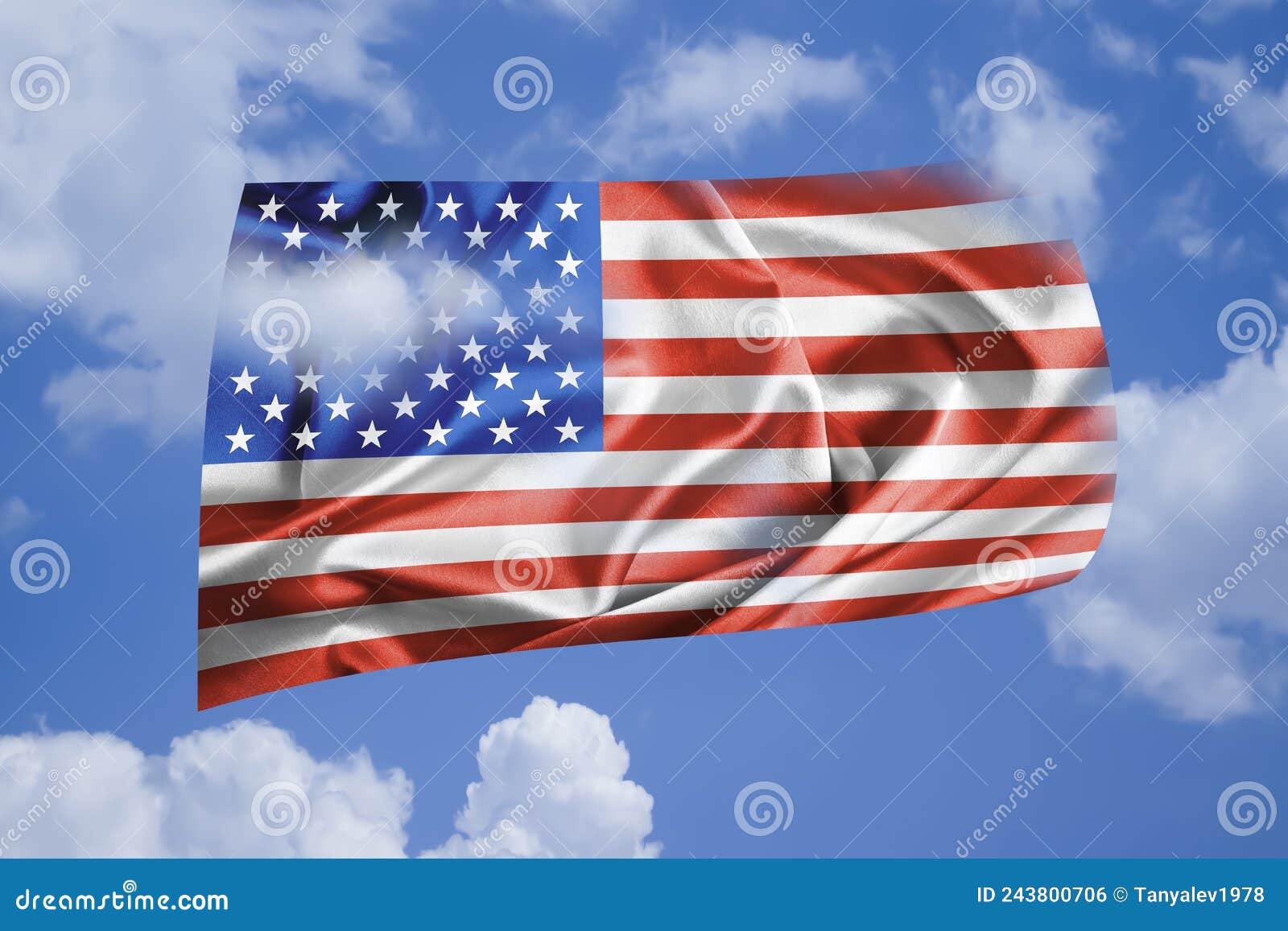 Flag of America on the Background of the Sky with Clouds Stock Photo ...