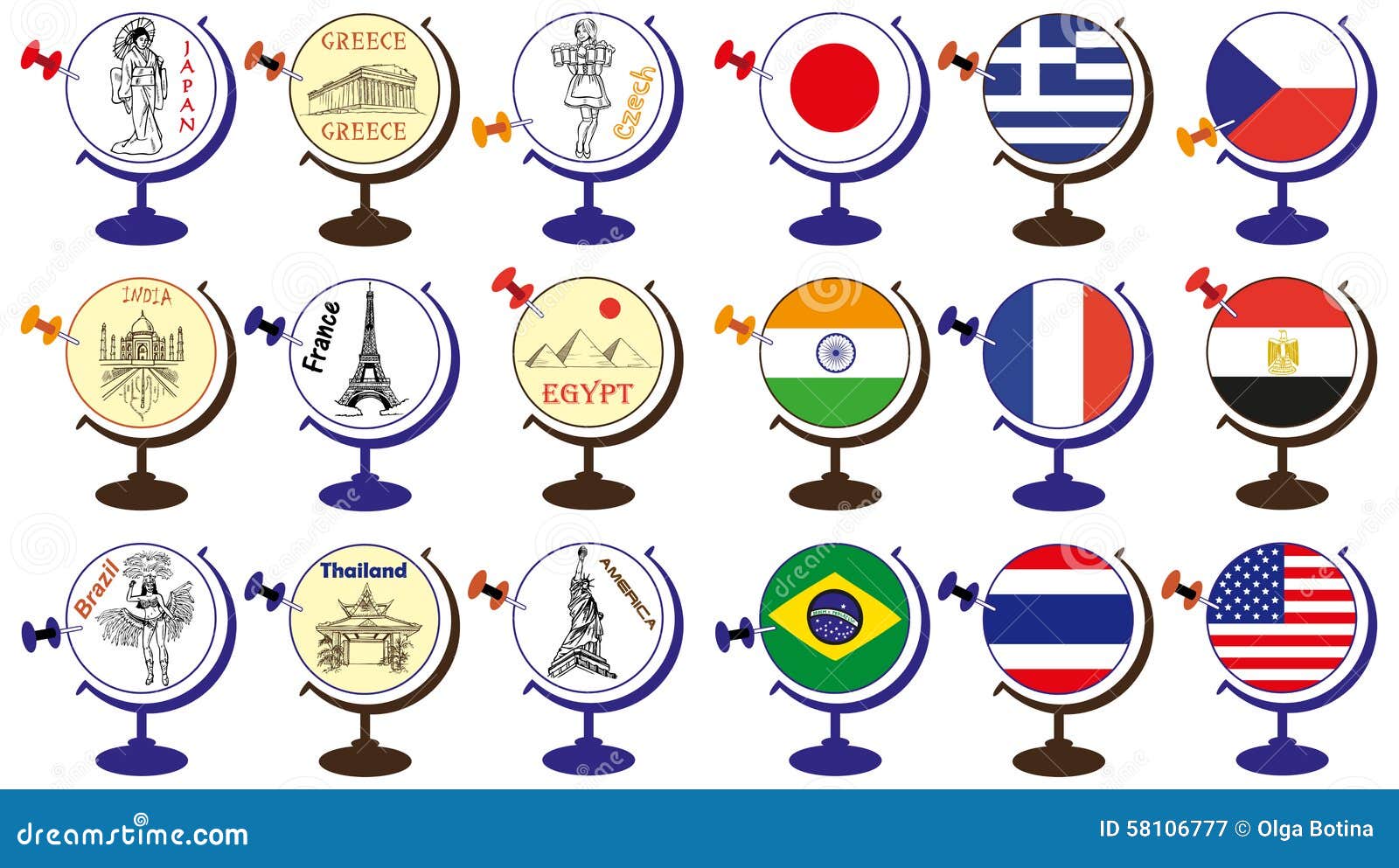 Flags And Sights Of Different Countries Icons In Set Collection For ...