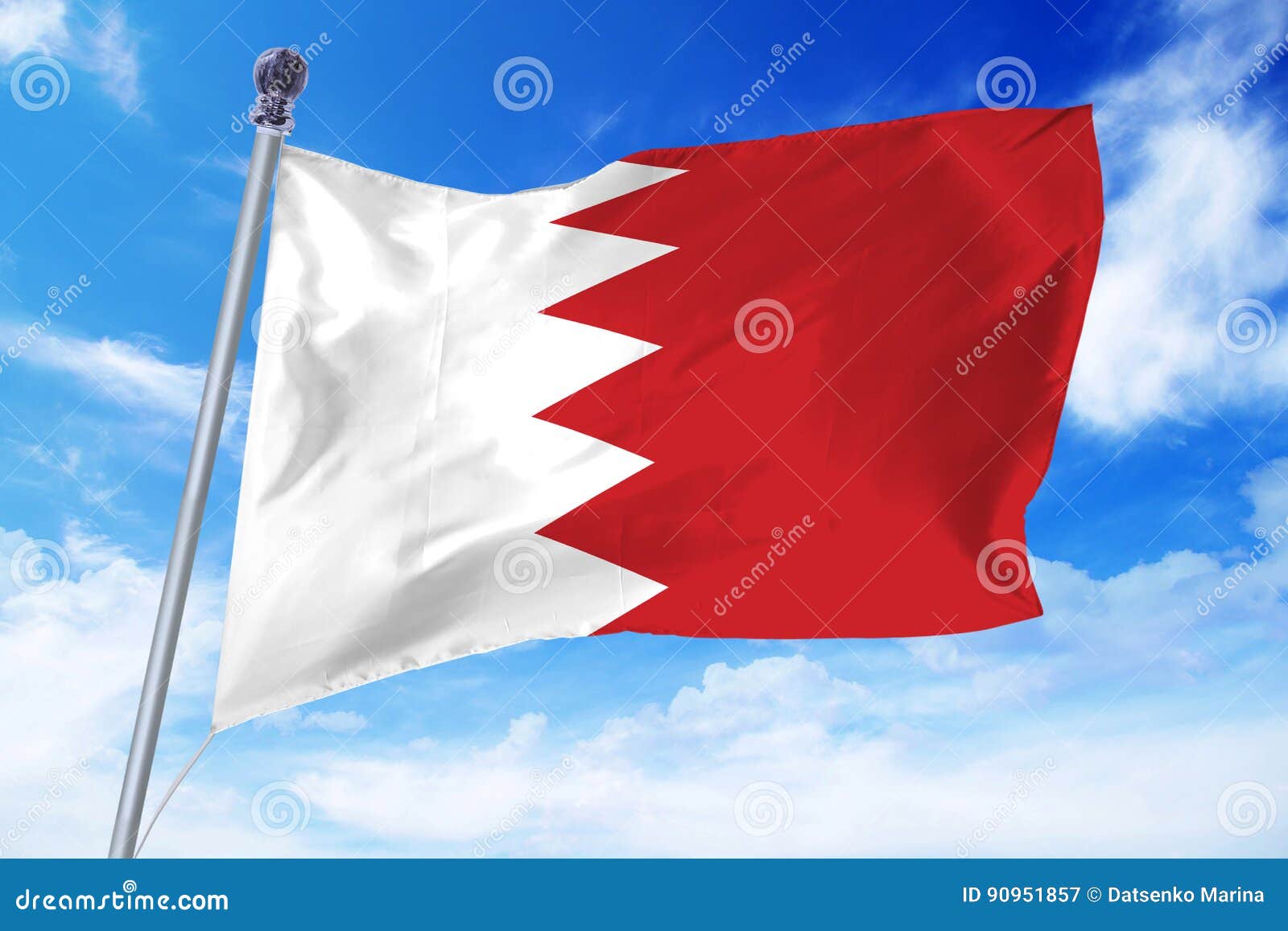 Flag of Bahrain Developing Against a Blue Sky Stock Illustration ...